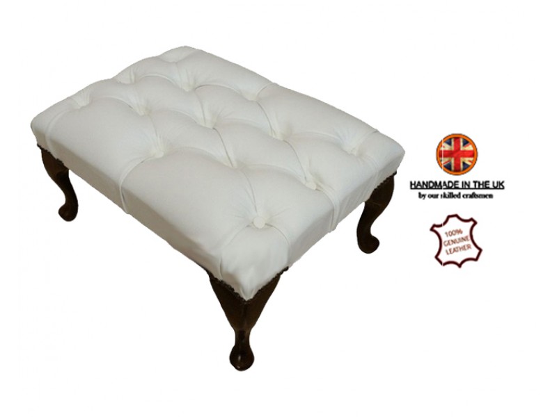 Chesterfield Genuine Leather Shelly White Queen Anne Footstool